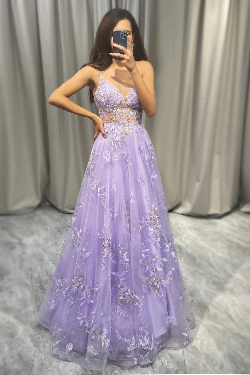 Homrain Frauen Elegantes Lila Langes Abendkleid mit Applikationen A ...