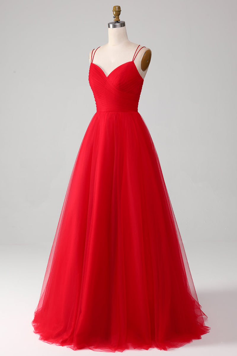 Homrain Frauen Rotes langes Abschlussballkleid Spaghettiträger A-Linie ...