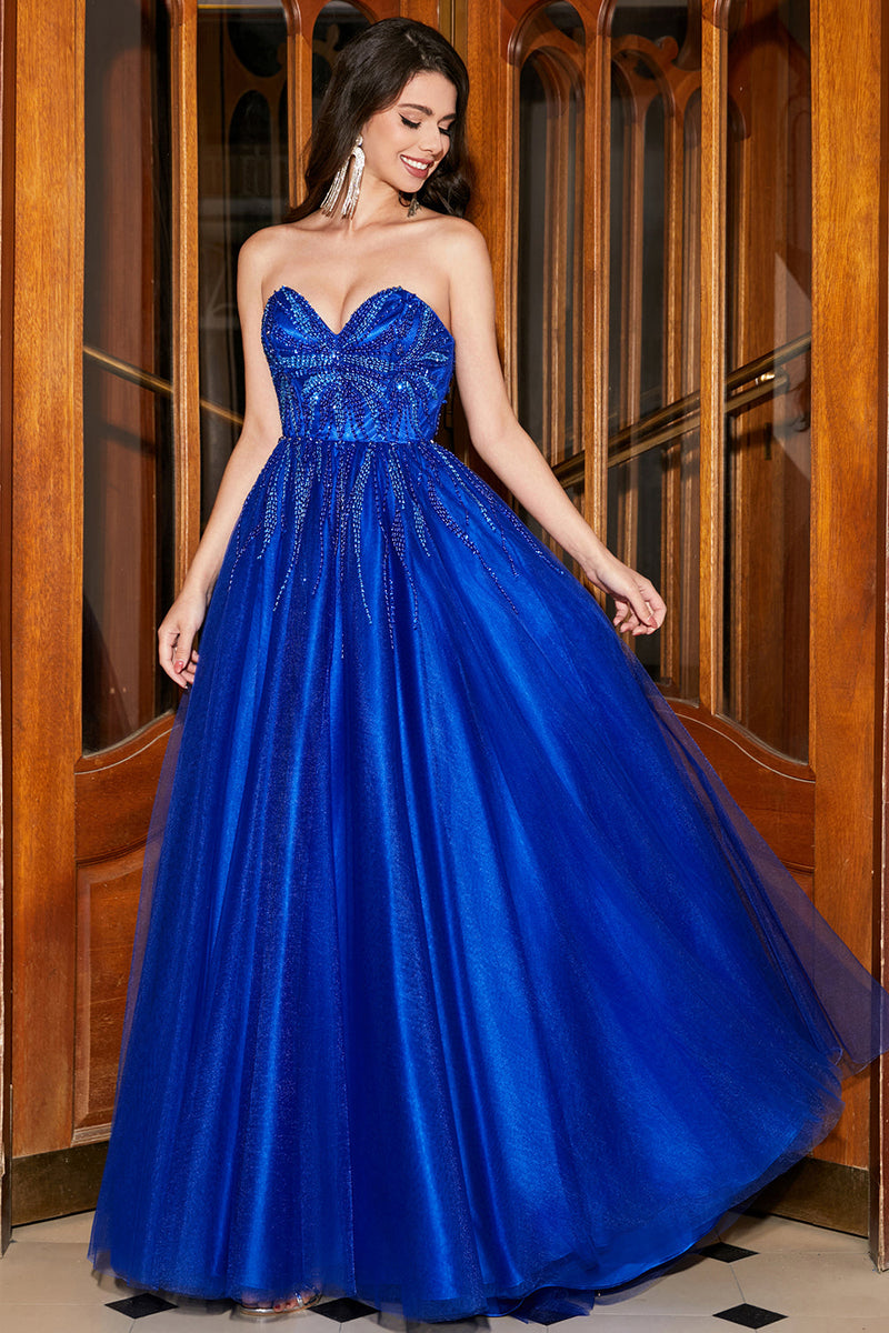 Homrain Damen Königsblaues Ballkleid mit Perlen A-Linie Herzchen ...