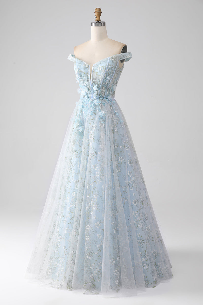 Homrain Damen Hellblaues A-Linie Schulterfreies Korsett-Ballkleid ...